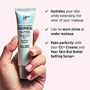 IT Cosmetics Your Skin But Better Makeup Primer+ - Extends Makeup Wear, Hydrates Skin, Refines the Look of Pores - With Glycerin, Bark Extract & Ginger Root Extract - Oil-Free Formula