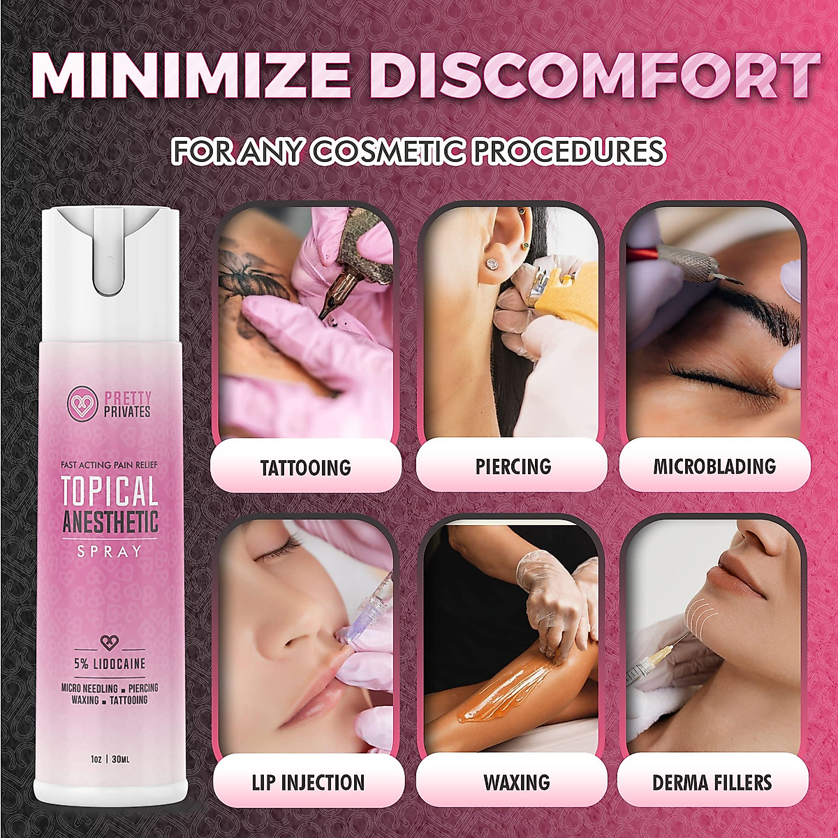 Pretty Privates Lidocaine Spray - Premium Numbing Spray for Waxing, Tattoos, Piercings, Microblading - Relief in 5-15 Mins - Maximum Strength - Topical Anesthetic - 1oz