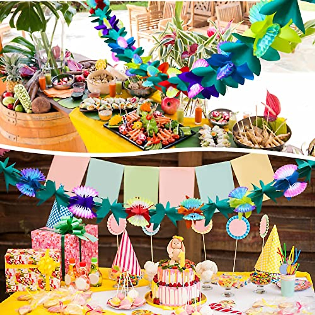 BUSOHA 2Pack Tissue Flower Garland - 12 Feet Long Tropical Multicolored Paper Flower Garland Banner for Hawaiian Luau Summer Tiki Bar Tropical Birthday Baby Shower Wedding Party Decorations Supplies