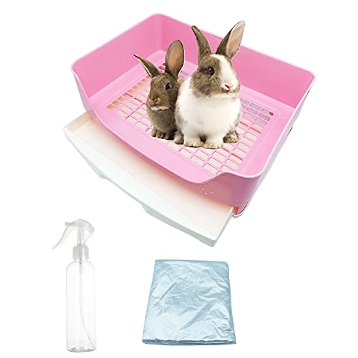 WEWAYKGJ Rabbit Litter Box Large Rabbit Potty Box with Drawer Bunny Corner Litter Pan Potty Trainer Pet Toilet with Cleaning Set for Adult Hamster Guinea Pig Ferret Bunny and Other Animals(Pink)