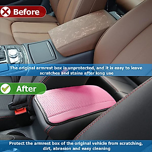 Auto Center Console Pad, PU Leather Car Armrest Seat Box Cover, Waterproof Non Slip Soft Armrest Box Cushion Protector, Car Accessories for Women Men, Universal for SUV, Truck, Van (Pink)