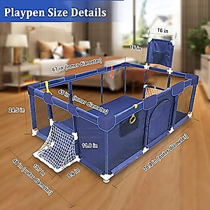 Large Playpen for Babies and Toddlers, Ball Pits for Toddlers, Baby Gate Play Pen Kids Ball Pit, Sturdy Play Yard W/Basketball Hoop Soccer Net, Children's Fence Play Area, Infant Safety Gates (Blue)