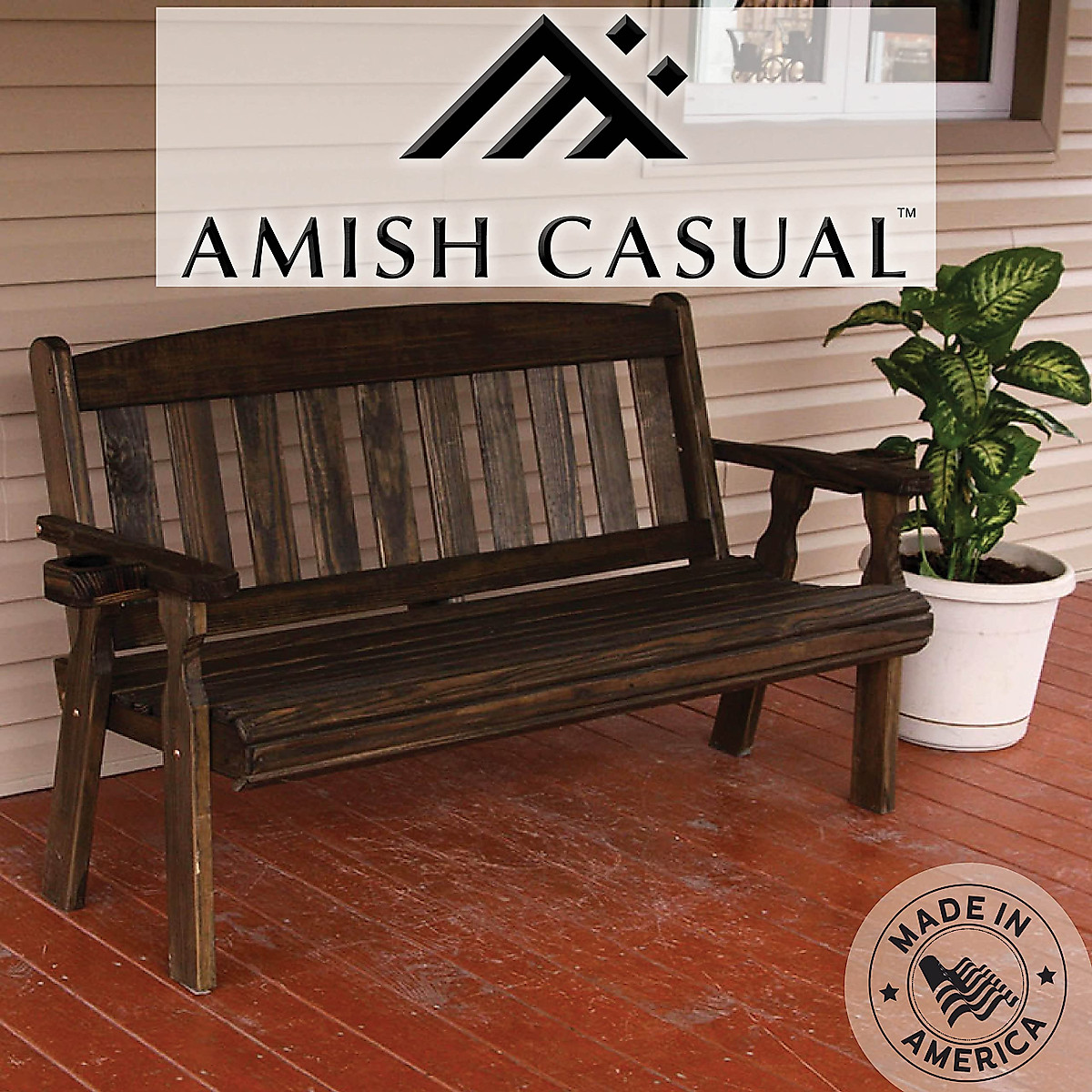Amish Casual Heavy Duty 800 Lb Mission Pressure Treated Garden Bench with Cupholders (5 Foot, Dark Walnut Stain)