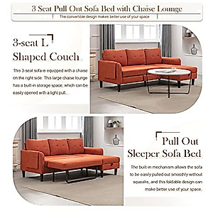 Modern Pull Out Sleeper Sofa Bed with Chaise, Comfy L Shaped Convertible Sleeper Couch with Storage and Pocket, Sectional 3 Seat Couch for Living Room Furniture or Home Office, Tufted Back - Orange