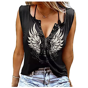 Summer Sexy V Neck Tank Tops for Women Casual Loose Fit Sleeveless T Shirts Country Music Ring Hole Basic Shirts Tanks(Guitar/Black,L)
