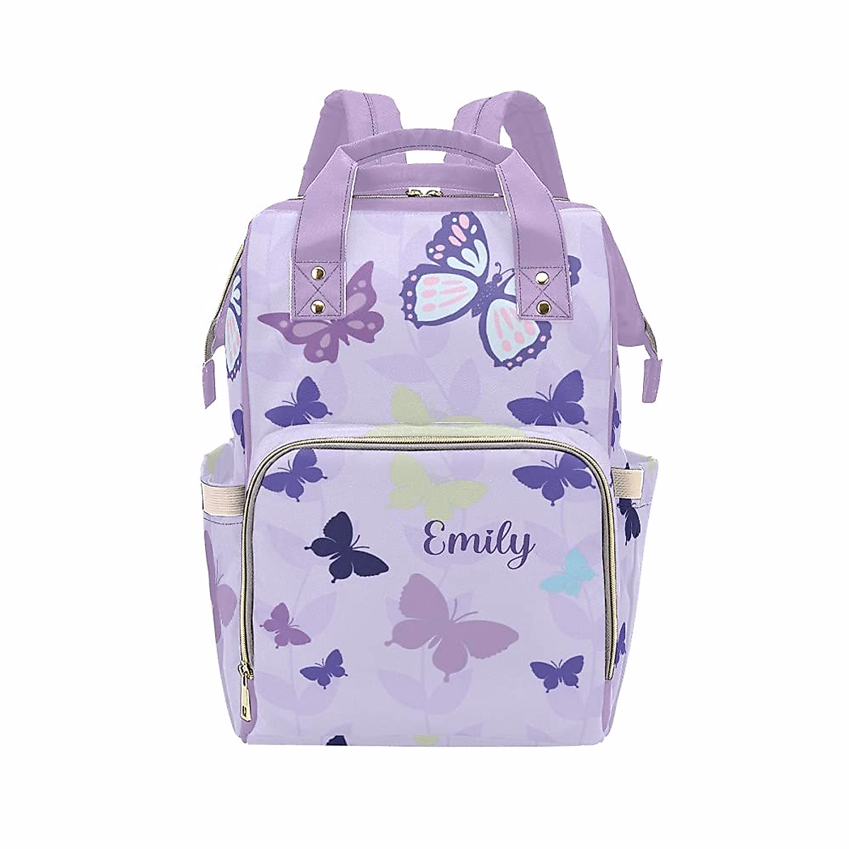 Yeshop Butterfly Purple Personalized Diaper Bag Backpack Tote with Name,Custom Travel Nappy Mommy Bag Backpack for Baby Girl Boy Gift, A300, 10.83In x 6.69Inx 15In