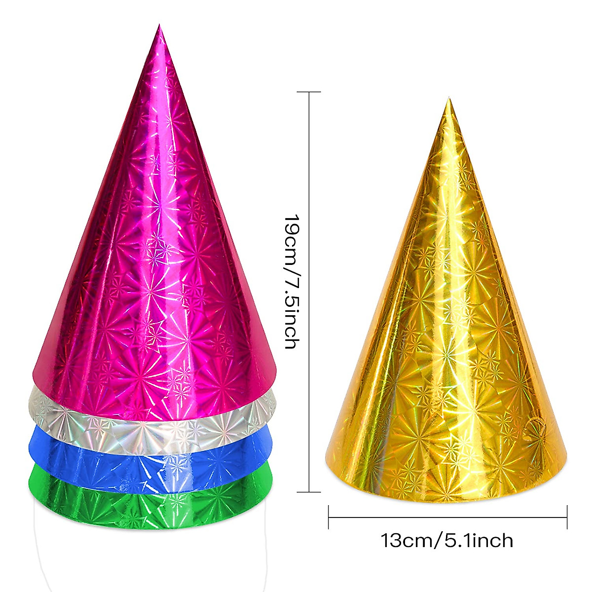 Lainrrew Metallic Foil Party Cone Hats - 50 Pcs Colorful Paper Art Craft Caps for Birthday Parties, Wedding, Christmas, Kids & Adults