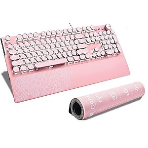 LIOURFE Pink Retro Typewriter Keyboard, Wired Mechanical Gaming Keyboard with Pure White Backlight, 104 Keys Retro Steampunk Vintage Keyboard with Blue Switches, Metal Panel Round Keycaps (Pink)