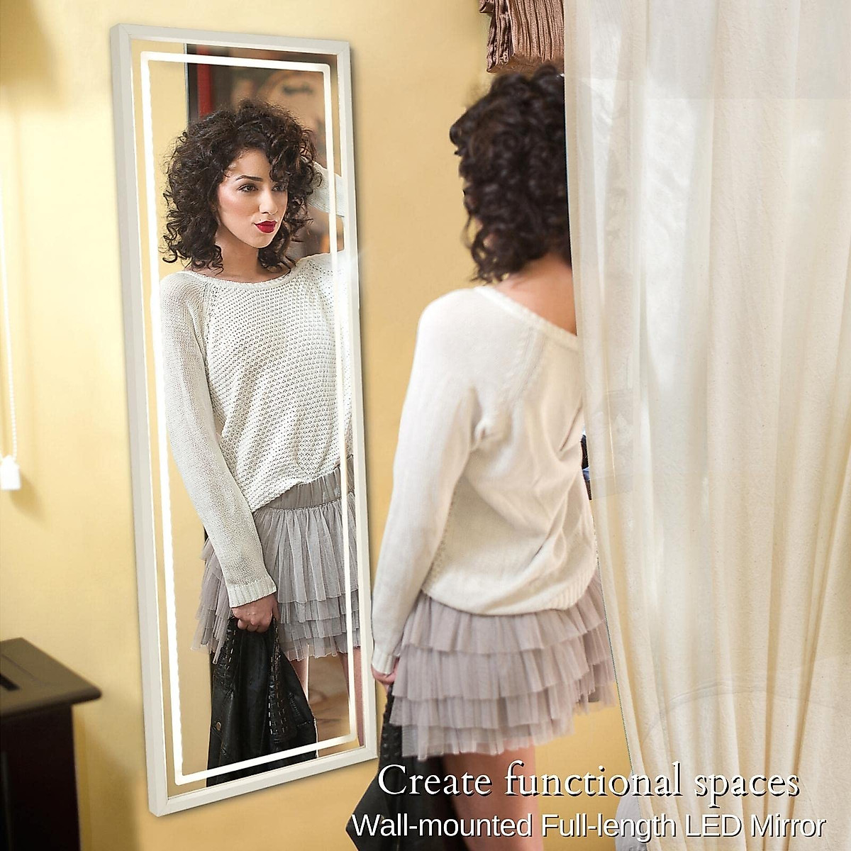 LUXFURNI Large Wall Mirror with LED Lights, 42.5 X 14.4 Wall Mounted Over-The-Door Hanging Mirror Full Size Body Mirror with Brightness Adjustment Dressing Bedroom Glass Mirror