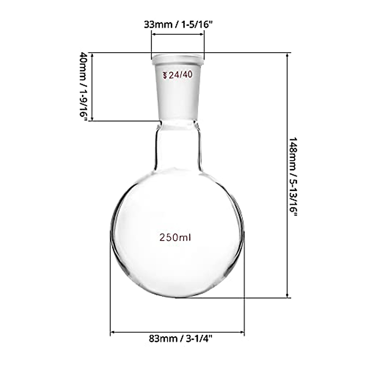 QWORK Glass 250ml Single Neck Flat Bottom Boiling Flask, 24/40 Standard Taper Outer Joint, 250ml