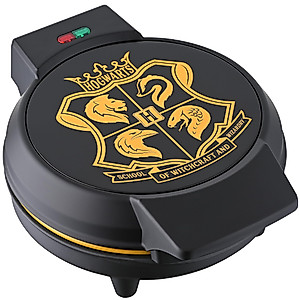 Warner Brothers Harry Potter Round Waffle Maker by Select Brands - Ceramic Coated Cooking Plates - Imprints Hogwarts Crest on Waffles, Black and Gold, WBH-250WM