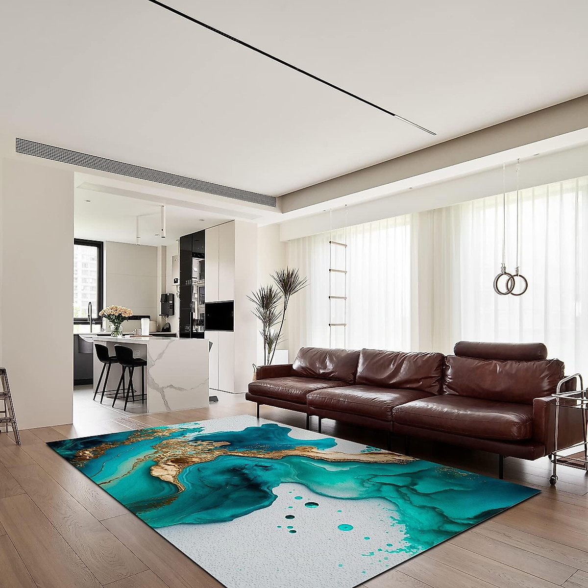 XUWEISI Teal Marble Area Rug, Turquoise Light Luxury Washable Rug 5x7ft, Gold Stamping Art Ink Painting Contemporary Accent Throw Rug for Living Room Bedroom Green Bathroom Rug