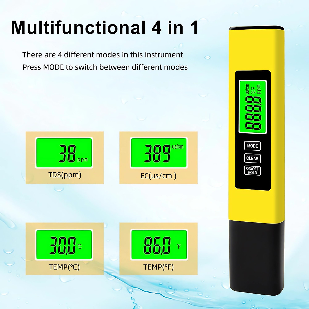 TDS Meter Digital Water Quality Tester,EC Meter & Temperature Meter 4 in 1,for Ro-Rodi System Drinking Water,Water Quality Tester 0-9990 PPM Measuring Range,1 PPM Increments（Yellow）