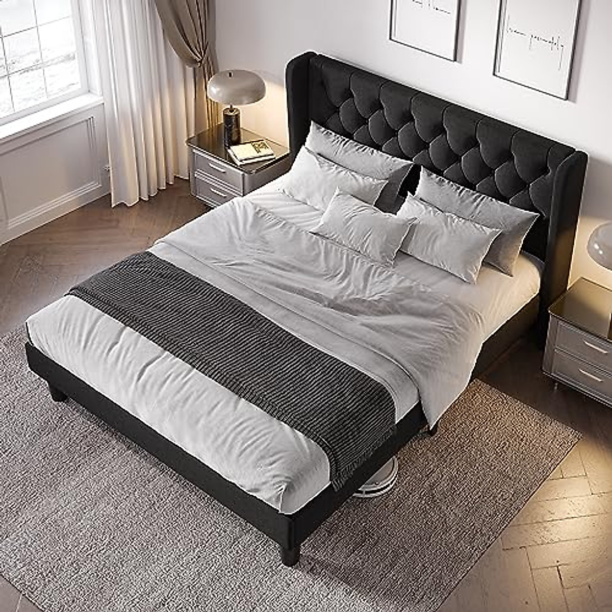 Allewie Queen Size Bed Frame with Button Tufted Wingback Headboard, Modern Upholstered Bed Frame with Solid Wooden Slats Support - No Box Spring Needed, Easy Assembly, Black