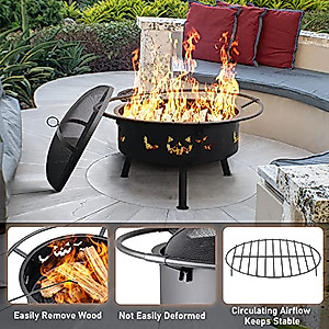 Fire Pit,Outdoor Fire Pits,Wood Fire Pits,Wood Burning Fire Pit,30" Fire Pits for Outside Patio,Backyard Fire Pit with Spark Screen,Log Grate,Poker Black