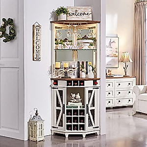 OKD Corner Bar Storage Cabinet, 72" Tall Farmhouse Wine Bar Cabinet w/Barn Door & Adjustable Shelves, Home Bar Cabinet w/LED Lights & Glass Rack for Dining Room, Living Room, Kitchen, Antique White
