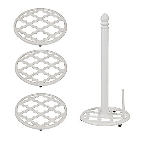 Home Basics Lattice Collection | Made from Cast Iron | 3 Trivets | 1 Paper Towel Holder | Complete Your Kitchen | White