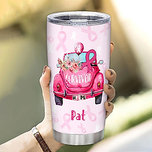 Hyturtle Personalized Breast Cancer Awareness Gifts for Breast Cancer Fighter Warrior Survivor - Birthday Christmas - Hope Pink Ribbon Flower Custom Name 20oz Stainless Steel Tumbler For Women Girl