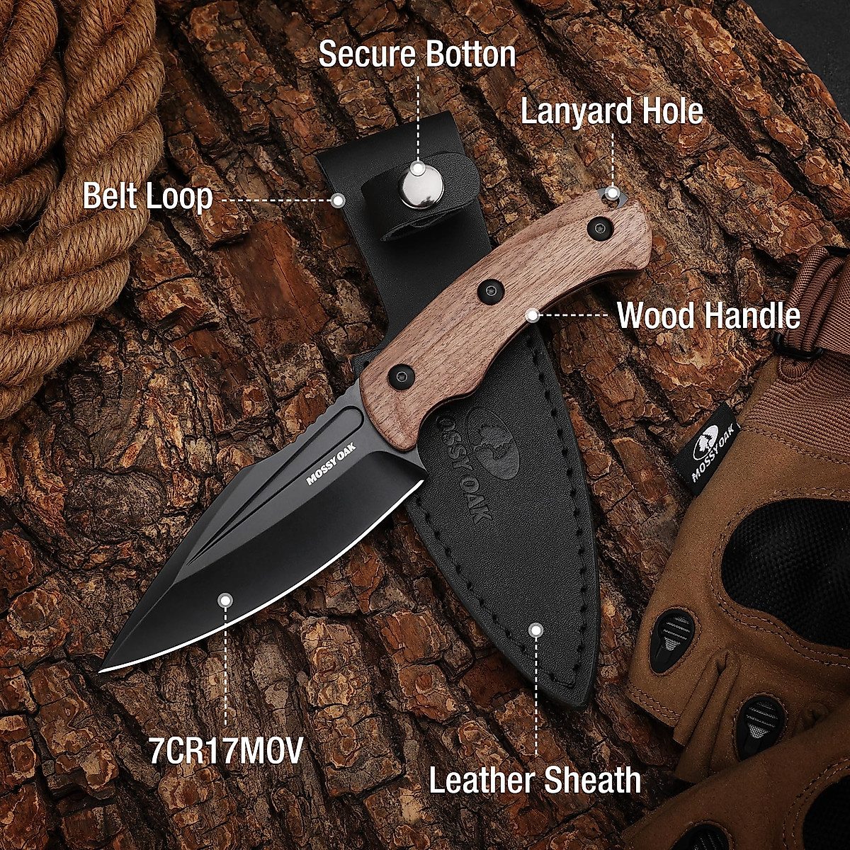 MOSSY OAK 8.5-inch Full-tang Fixed Blade Knife with Sheath, Stainless Steel Blade, Outdoor Knives for Survival, Camping, Hiking (G10 Handle-Brown)