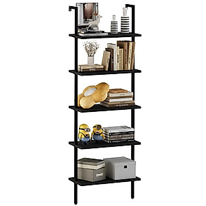 aboxoo Ladder Shelf Open 5-Tier Bookshelf Wall-Mounted Black Wood Bookcase Storage Rack Open Industrial Modern Plant Stand Utility Organizer Bookcase Metal Frame Furniture Office Bedroom