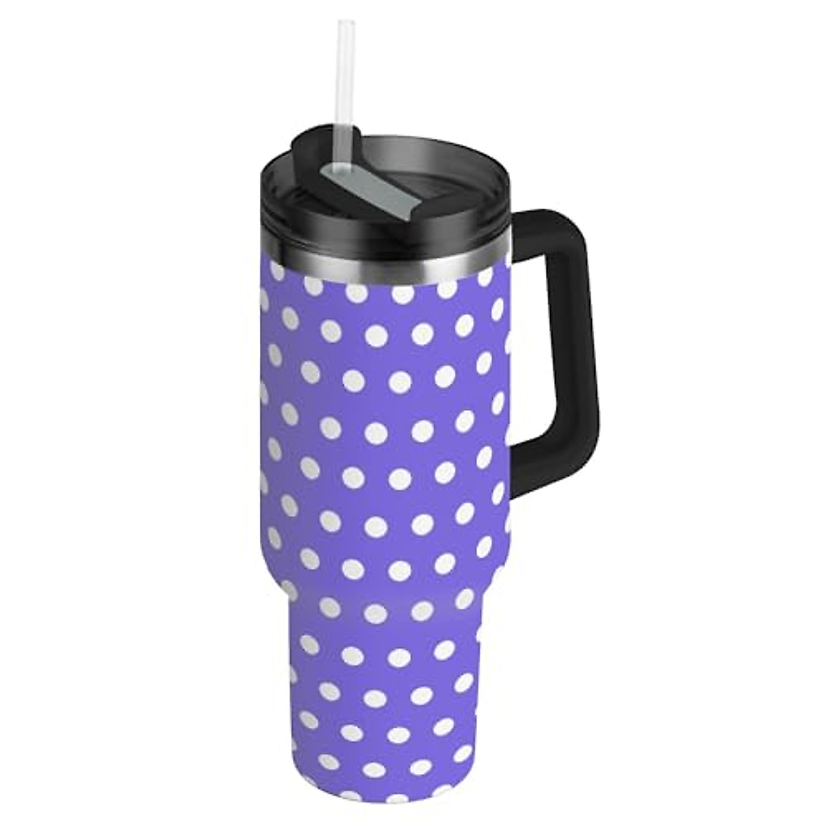 Flradish 30oz Tumbler with Handle, Polka Dots Purple White Stainless Steel Tumbler with Lid and Straws Double Wall Vacuum Insulated Leakproof Coffee Travel Mug