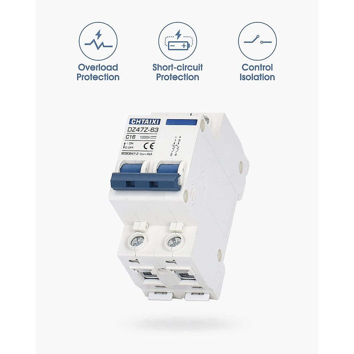 CHTAIXI DC Miniature Circuit Breaker, 2 Pole 1000V 16 Amp Isolator for Solar PV System, Thermal Magnetic Trip, DIN Rail Mount, Chtaixi DC Disconnect Switch C16