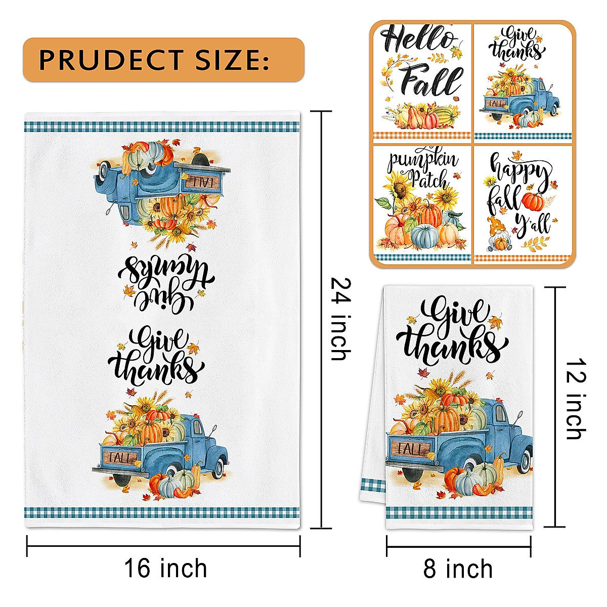 Fall Kitchen Towels Sets of 4 - Autumn Fall Dish Towels Dishcloths - Fall Hand Towels Bathroom Thanksgiving Tea Towel - Buffalo Plaid Pumpkin Gnome Farmhouse Theme Decorative Quick Dry Microfiber