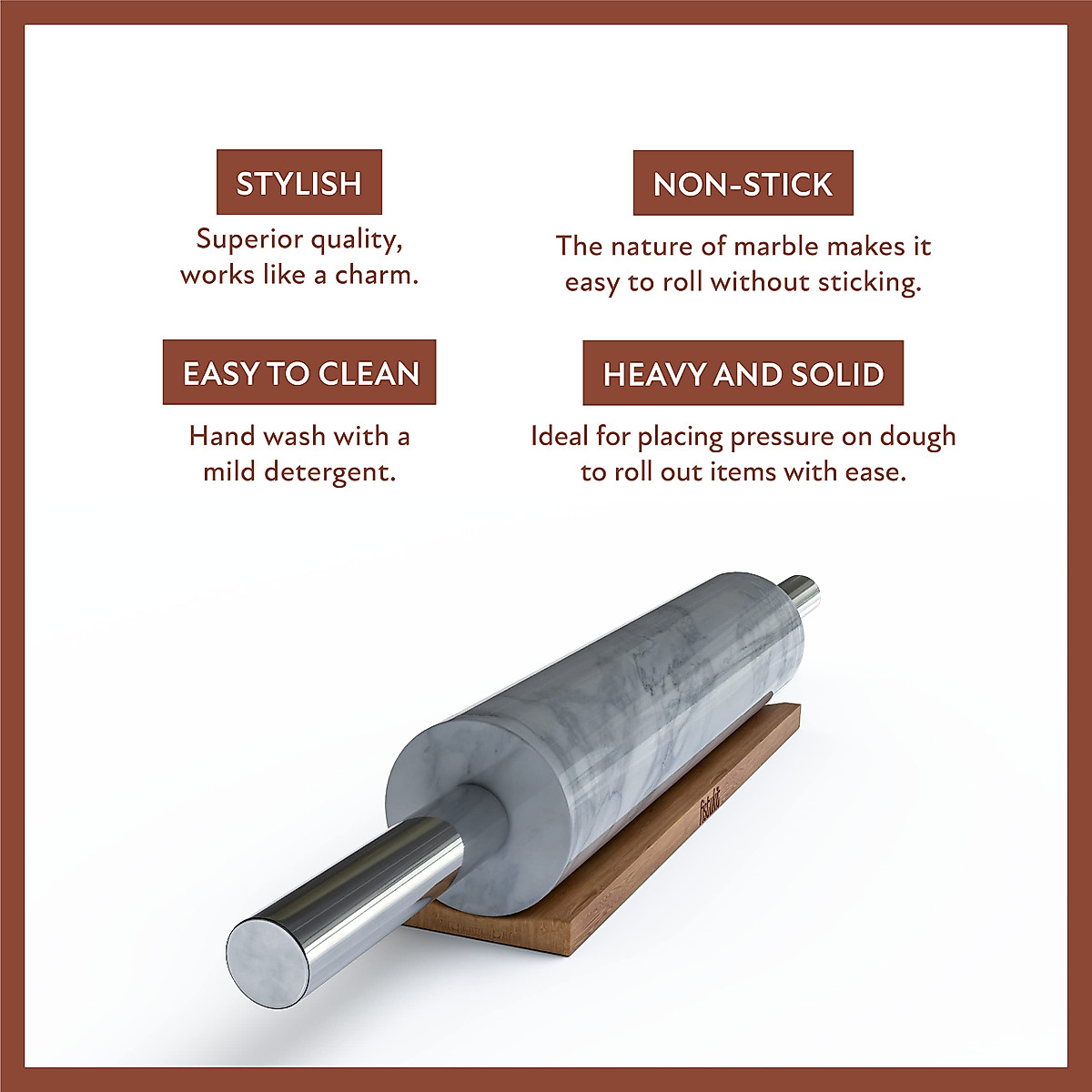 Fistukit White Marble Rolling Pin with Stainless Steel Handles Baking Set - Silicone Baking Mat, Bench Scraper, Wooden Base- 10 Inch Roller