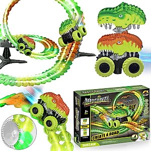 OSALON Dinosaur Race Car Tracks Toys Set for Kids Boys Girls Ages 3 4 5 6+ Electric Dinosaur Turkc Cars with Strong Suction Cup,Steady Tripod 130+ Pcs Train Car Tracks Birthday Gift Christmas