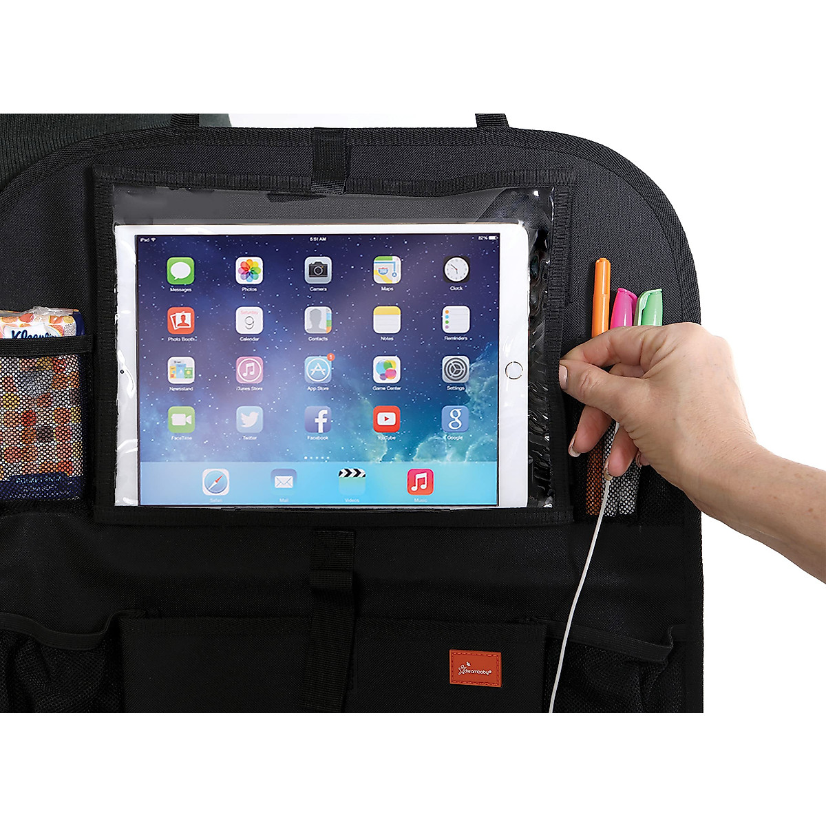 Dreambaby Backseat Car Organizer & Storage - Back Seat Protector - with 4 Mesh Pocket & Toy Pouch - Suits Tablet Screen Size up to 10.5 Inch/ 26.7cm - Black - Model L1216