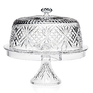 Godinger 4 in 1 Cake Stand and Serving Plate Platter with Dome Cover, Multi-Purpose Use - Dublin Crystal Collection