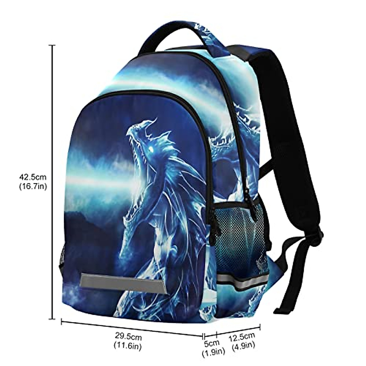 Angry Dragon School Backpacks with Chest Strap for Teens Boys Girls,Lightweight Student Bookbags 17 Inch, Blue Casual Daypack Schoolbags