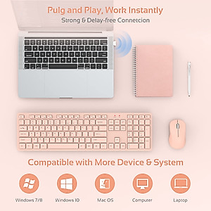 Wireless Keyboard and Mouse Combo, 2.4G USB Quiet Silent Wireless Mouse Keyboard Combo for Computer, Laptop, PC, Desktops, Monitor by Deeliva (Pink)