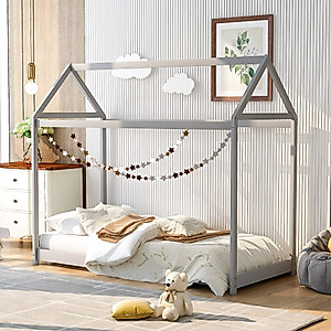 House Twin Bed Frame Wooden Platform Bed for Kids,No Box Spring Needed, Gray