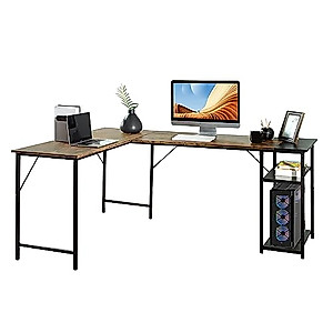 FurnitureR L-Shaped Home Office Computer Desk 66 inches Large Study Writing Student Laptop PC Gaming Corner Table with Shelves for Apartment Dormity Small Spaces, Brown