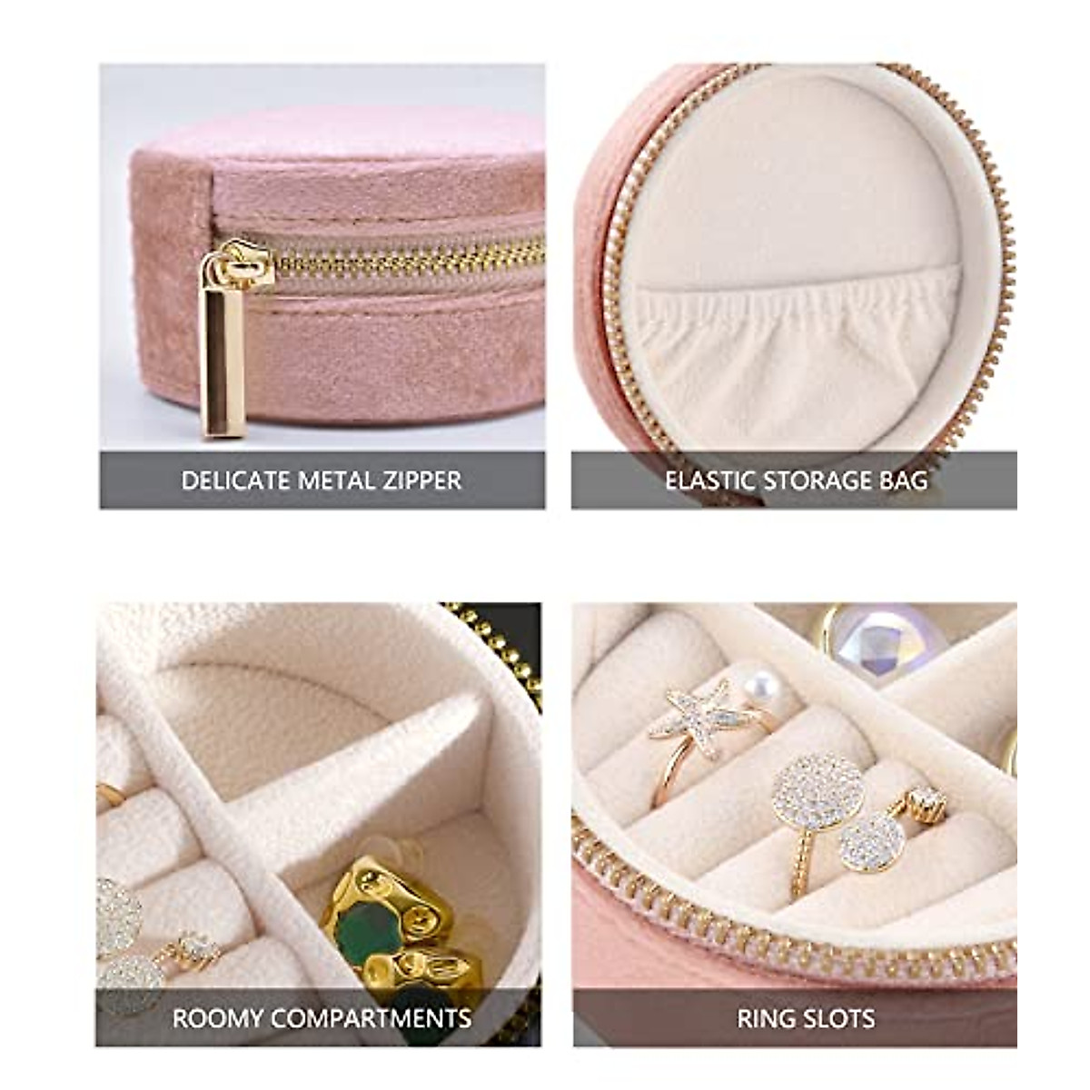 TAIMY Velvet Travel Jewelry Box, Round Small Travel Jewelry Case for Women Girls, Portable Mini Jewelry Travel Organizer Boxes for Rings Earrings Necklaces Bracelets(Blush Peach)