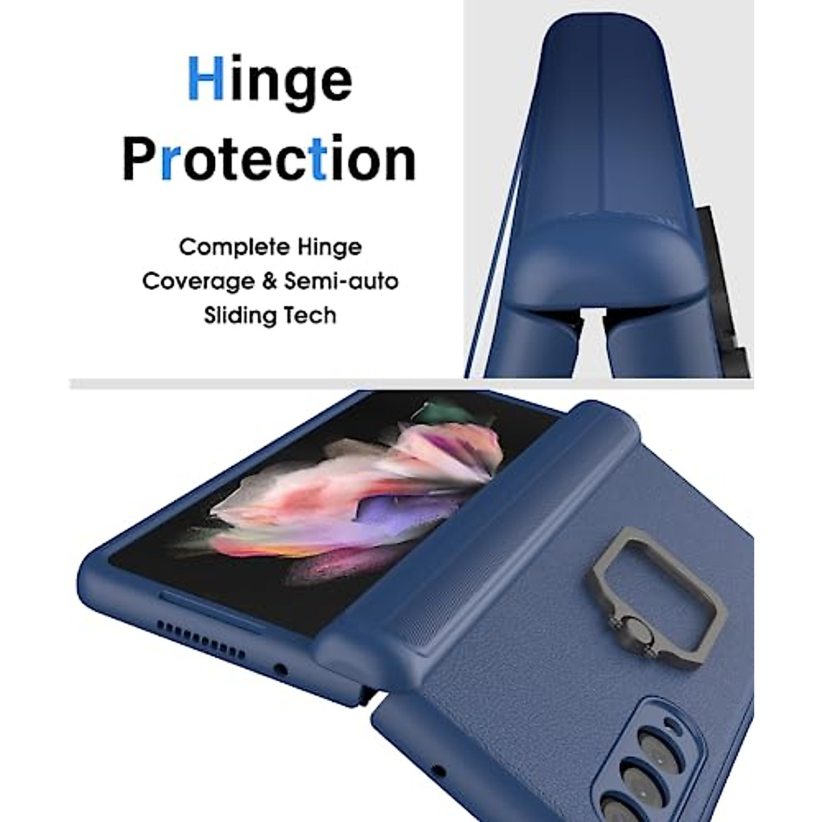 ATATOO for Samsung Galaxy Z Fold 3 Case, Z Fold3 Case Built-in Screen Protector & Hinge Protection & Kickstand, Durable Anti-Scratch Full Body Protection Leather Phone Case for Galaxy Z Fold 3,Blue