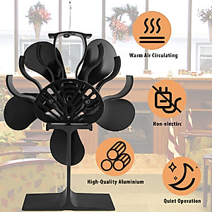 PYBBO 6 Blades Wood Burning Stove Fireplace Fan - Non Electric Silent Motors Heat Powered Fan Circulates Warm/Heated Air Fan for Pellet/Wood/Log Stoves, Winter Cocoon Fan with Magnetic Thermometer