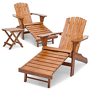 MoNiBloom Teak Adirondack Chair Set with Table & Retractable Ottoman, Outdoor Fir Wood Adirondack Chairs with Ottoman Weather Resistant, Fire Pit Chair for Deck, Garden & Backyard, 250 Lbs Capacity