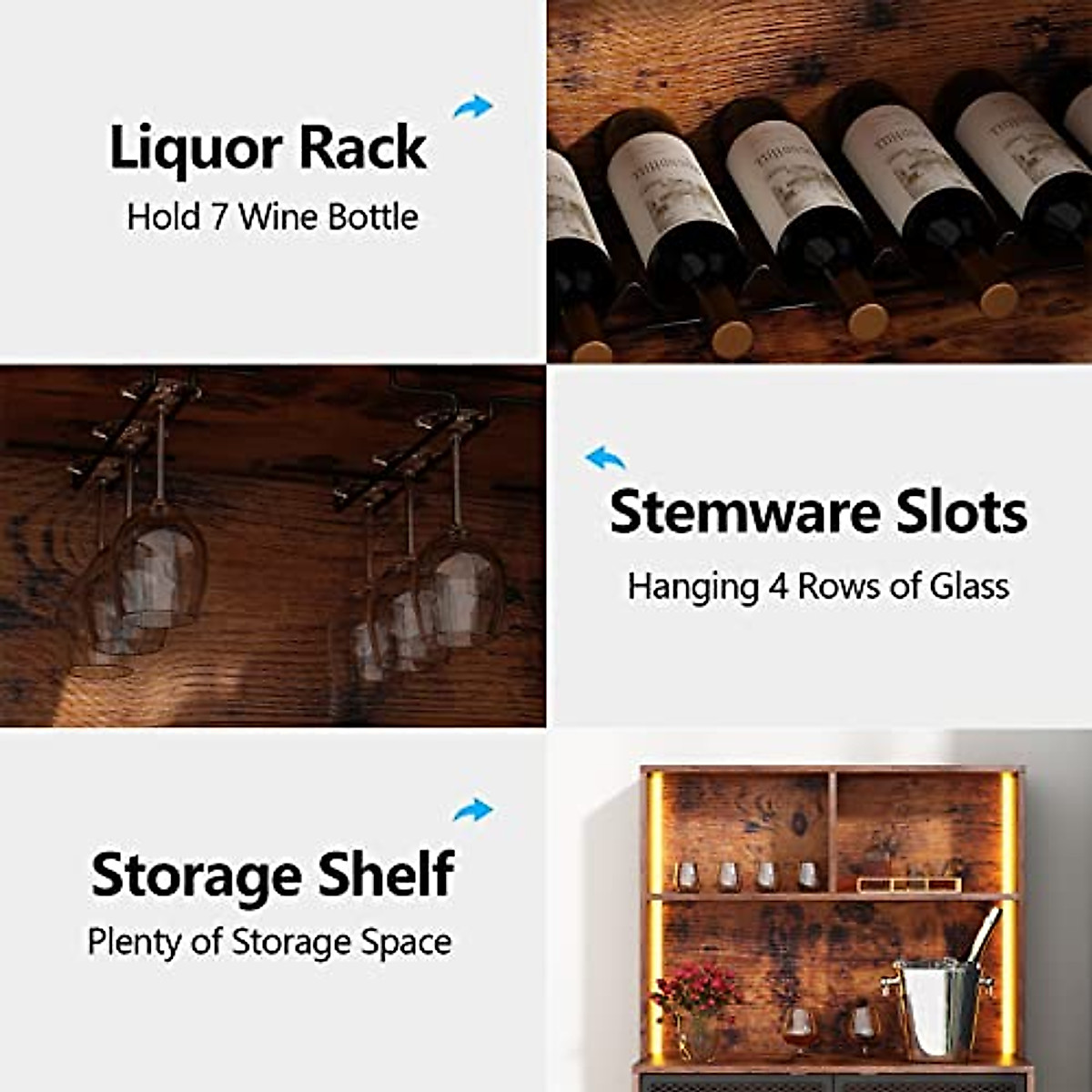 Auromie Wine Bar Cabinet with LED Lights, 4-Tier Coffee Bar Cabinets with Storage Shelves, Industrial Kitchen Storage Cabinet with Wine Rack, Freestanding Liquor Cabinet with Glass Holder, Rustic