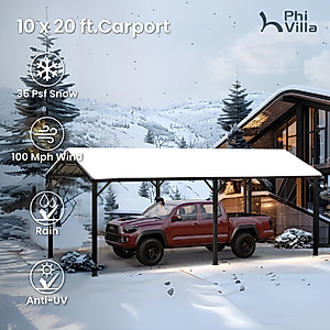 PHI VILLA 10 x 20 ft Carport Metal Carports with Galvanized Steel Roof, Sturdy Heavy Duty Metal Carport for Cars, Boats, and Tractors