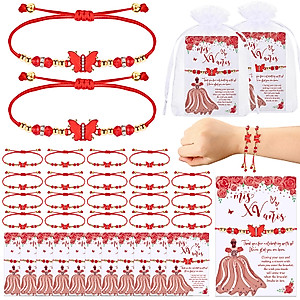 Wenqik 25 Sets Quinceanera Party Favors for Guests Recuerdos Para 15 Años Red Butterfly Wish Bracelets with Thank You Card and Organza Bag Quinceanera Gifts Mis Xv Años Birthday Party Favors
