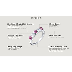PEORA Created Pink Sapphire Half Eternity Ring for Women 925 Sterling Silver, 0.75 Carat total, Dainty Trellis Band, 3.5mm, Size 9