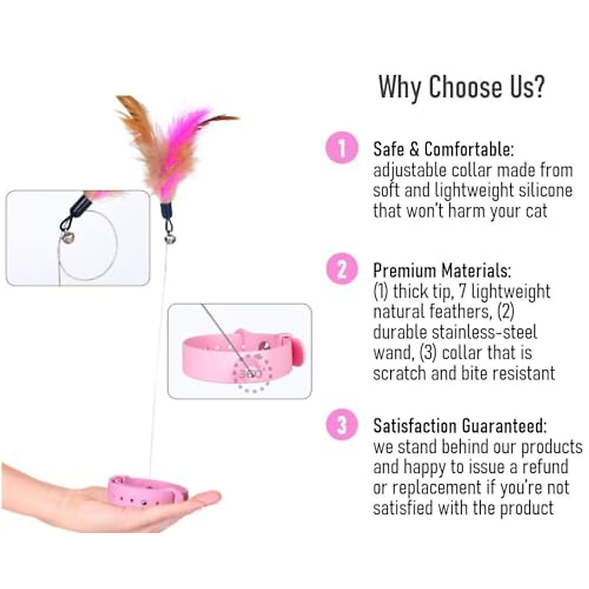 KOTYA Cat Teasing Wand Silicone Collar Hands Free Toy with Bell and Feathers (Flamingo Pink)