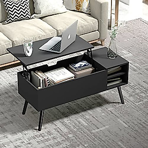 CLIKUUTORY Modern Black Lift Top Coffee Table with Hidden Compartment and Adjustable Storage Shelf, Mid Century Rustic Dining Table with Wood Legs for Home, Living Room, Office