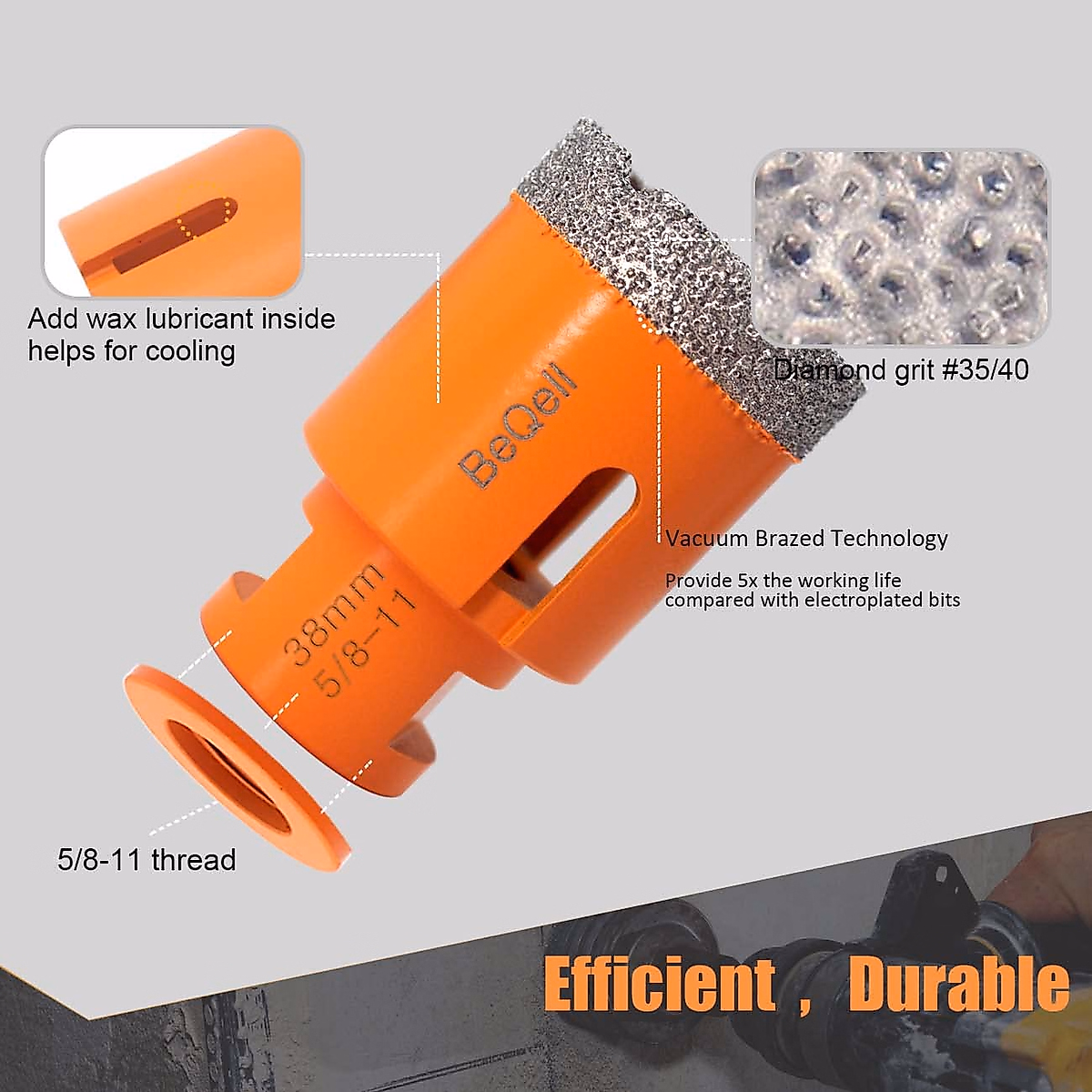 BeQell 1-1/2" Diamond Core Drill Bit 38mm 5/8-11 Thread Diamond Hole Saw for Porcelain Tile Ceramic Marble Brick Granite Drilling & 3/8" Hex Shank Adapter