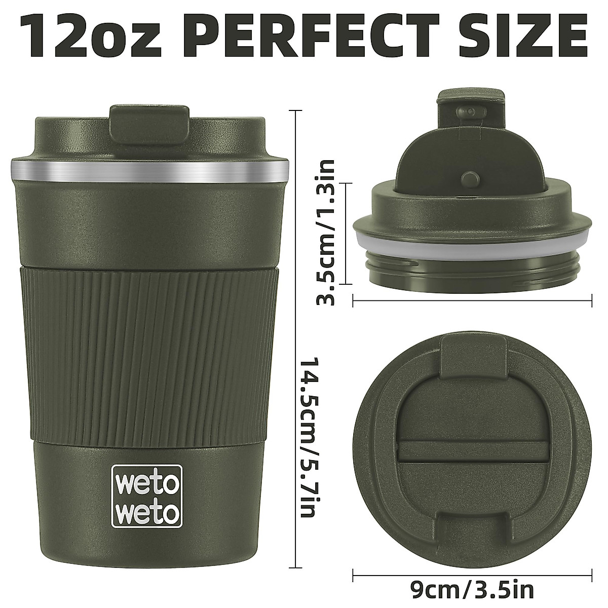 WETOWETO 12 oz Stainless Steel Insulated Tumbler, Spill Proof Coffee Travel Mug with Lid, Reusable Coffee Cups with lids, Portable Coffee Mug Thermal Cup for Keep Hot Ice Drink, (Green)