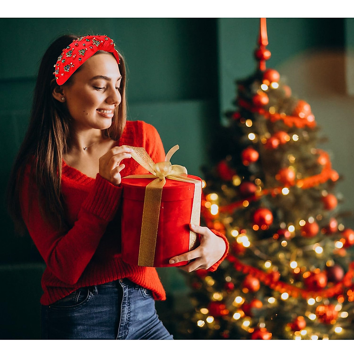 Jeweled Christmas Tree Headband with Embellished Crystals and Pearls - Wide Top Knot Knotted Headbands for Women, Holiday Hair Accessories and Outfits Gift