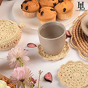 Crochet Doilies 4 Inch Coaster Set, Doily Crochet Coasters Set with Holder, Dollies Crochet Coasters for Wedding Decorations, Outdoor Coasters for Patio Table, Pack of 7, Beige