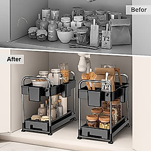 Luyata 2 Pack Under Sink Organizers, 2 Tier Under Cabinet Organizer Sliding, Under Cabinet Storage, Kitchen Organizer, Bathroom Organizer Under Sink With 8 Divider 8 Hooks and 4 Hanging Cups Black